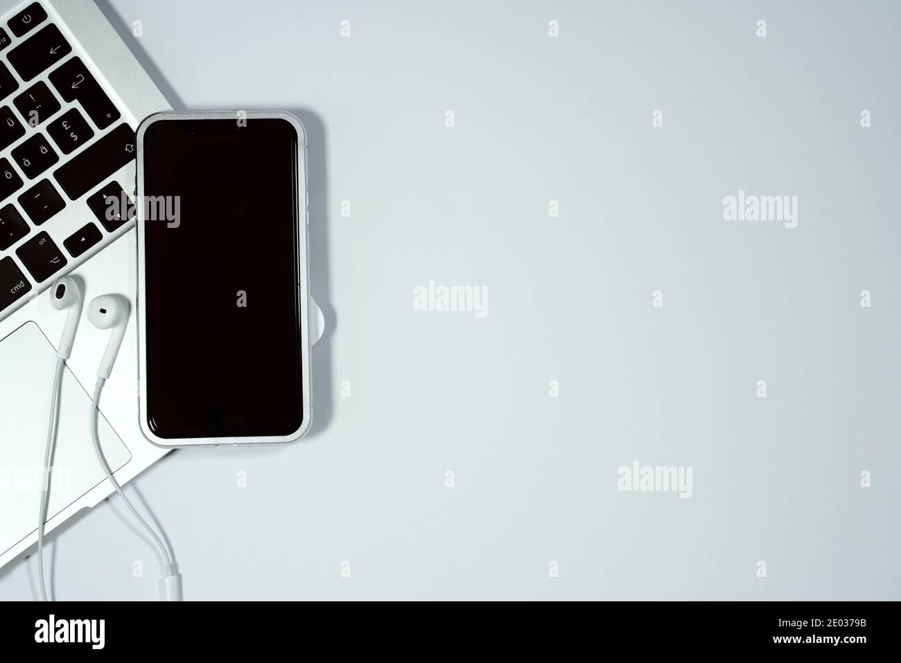 Top view of office desk, smartphone and computer, remote office, copy ...