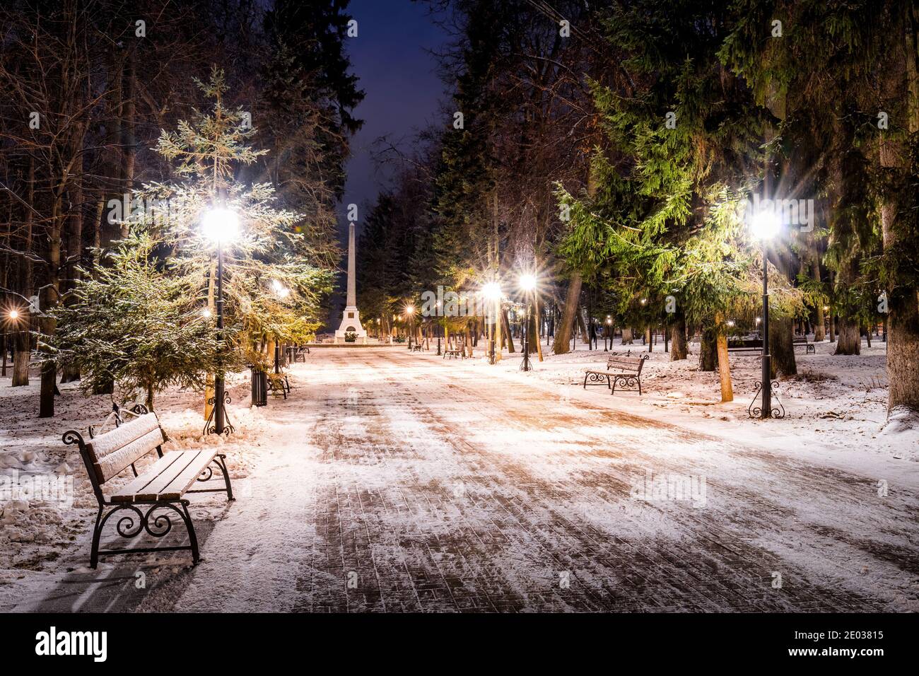 Winter park at night with lanterns, benches and trees covered with a ...
