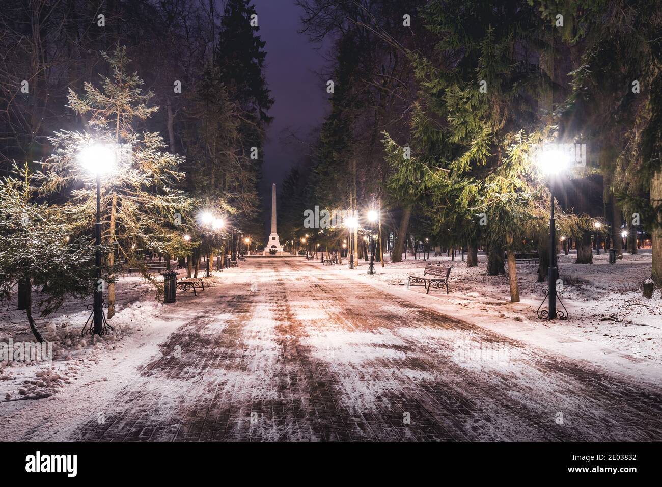 Winter park at night with lanterns, benches and trees covered with a ...
