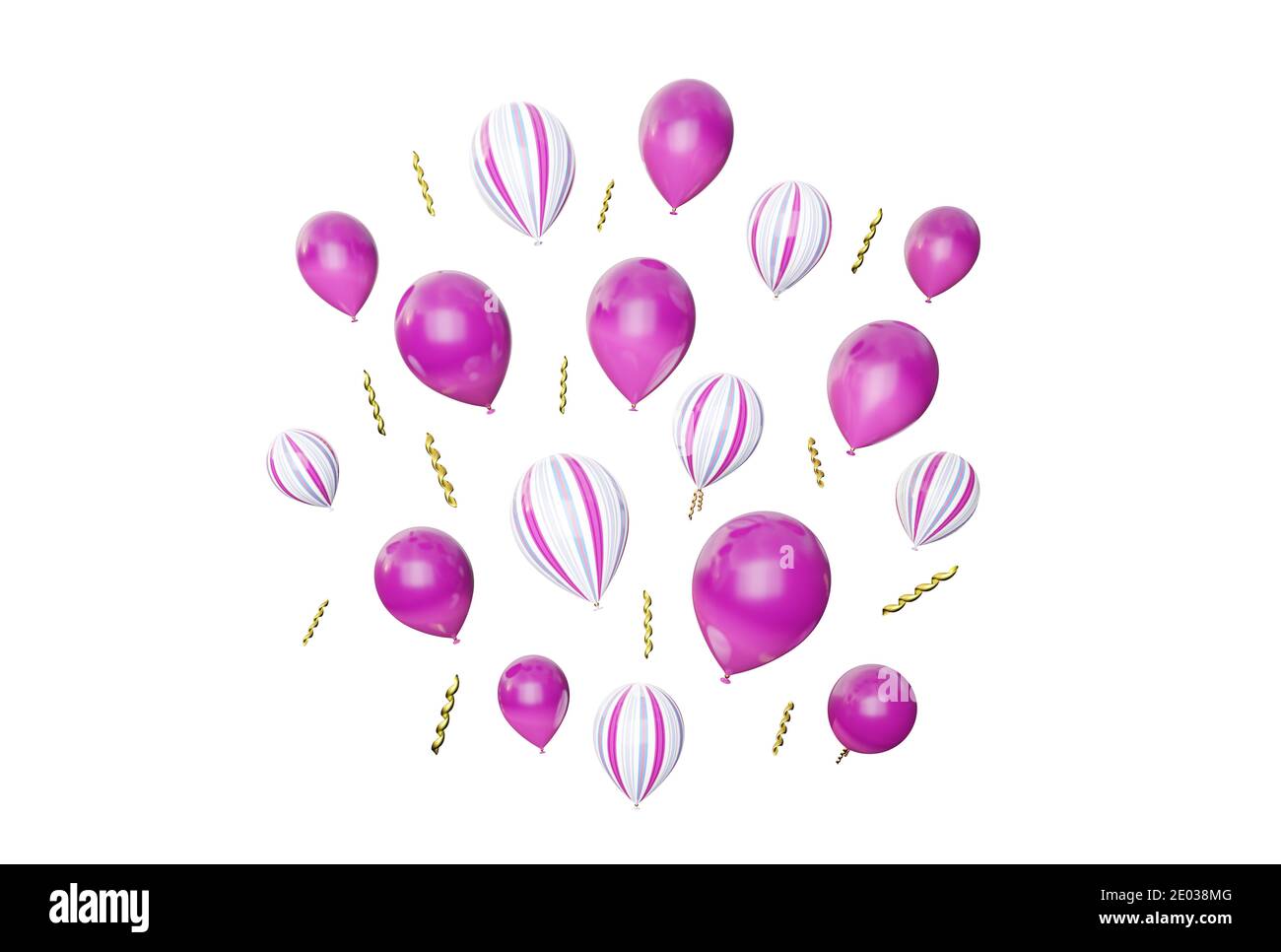 many flying magenta and striped balloons isolated on white, 3d render ...