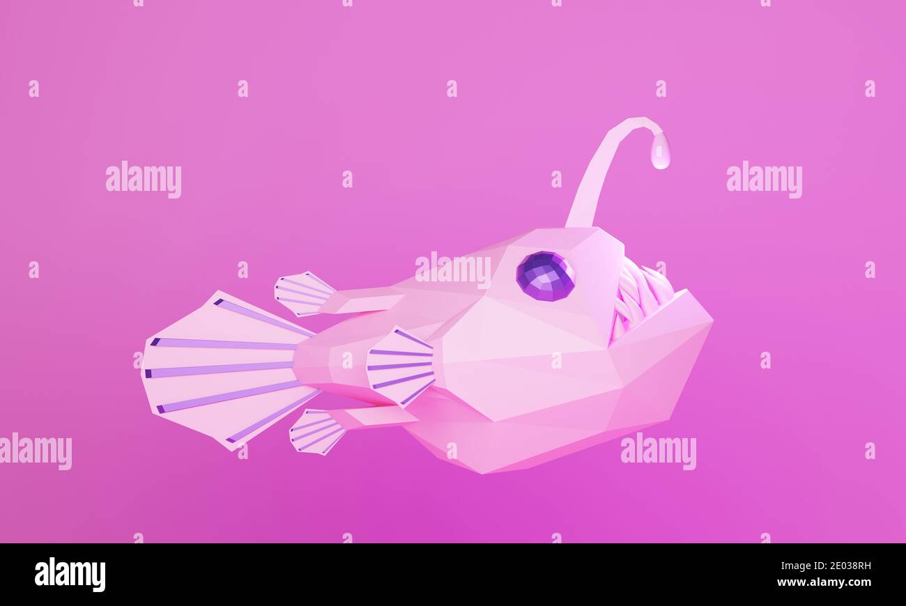 low poly pink angry deep-sea angler fish with sharp teeth, 3d ...