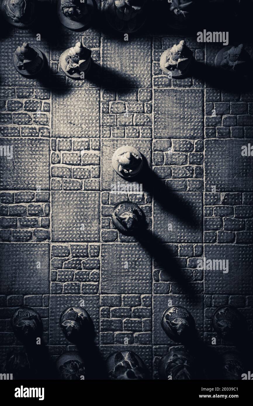 A vertical top down portrait of the beginning of a duel of chess. The ...