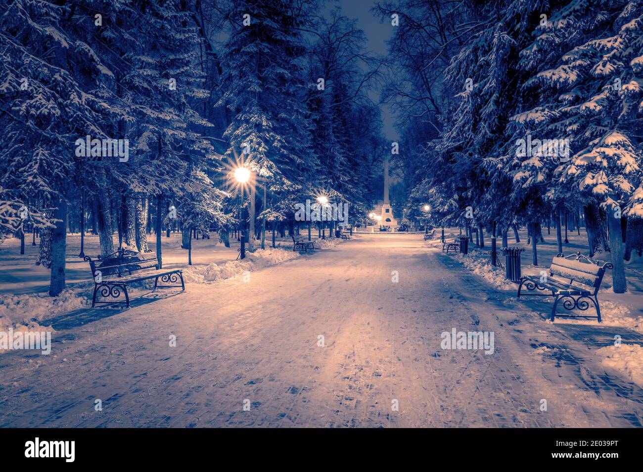 Winter park at night with lanterns, benches and trees covered with a ...