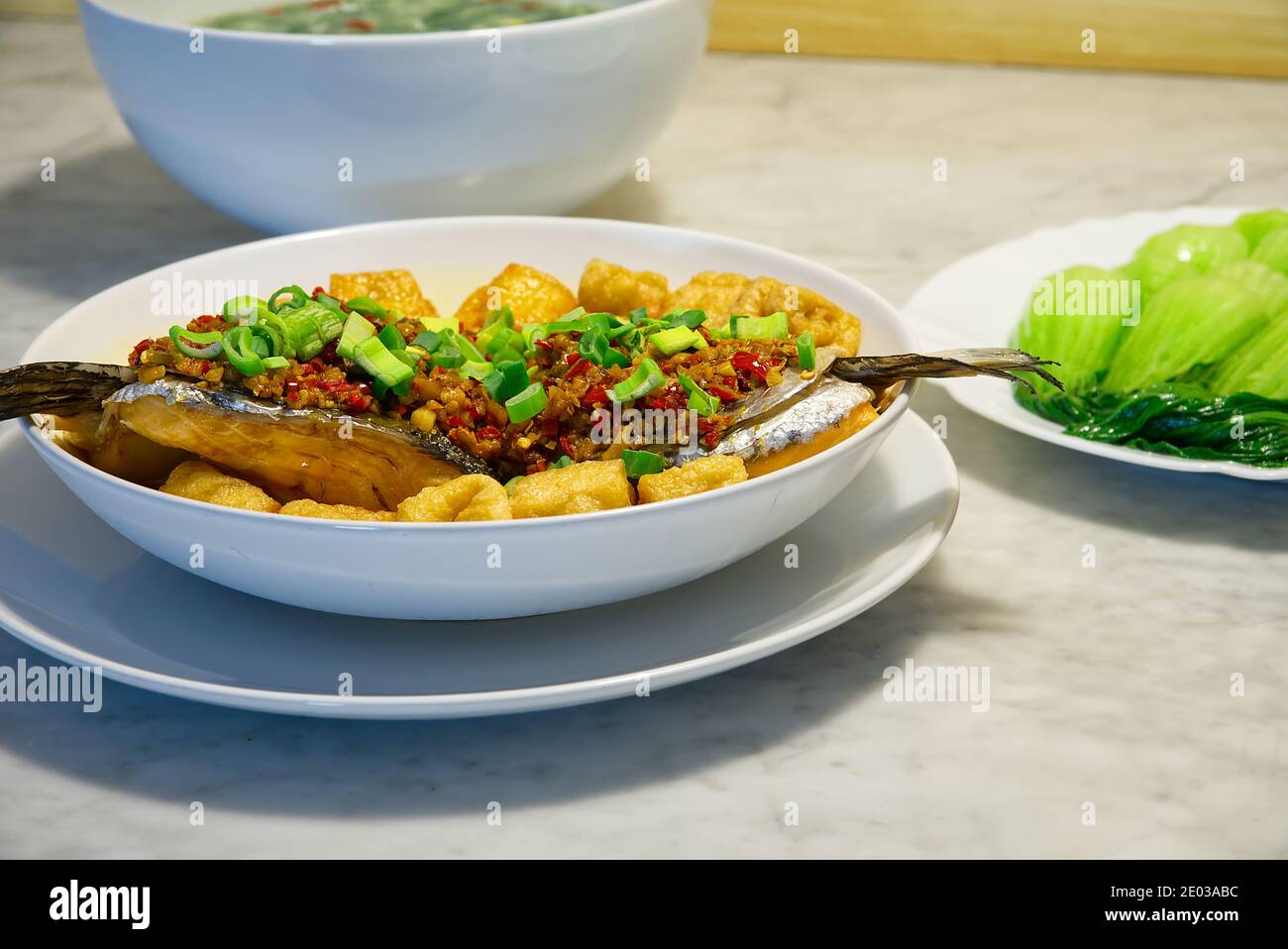 Homemade Chinese traditional spicy and hot food, fried fish and Tofu ...