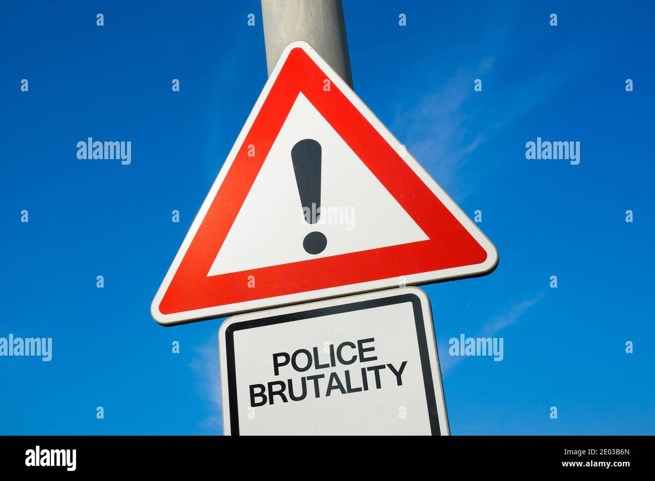 Police brutality - traffic sign with exclamation mark to alert, warn ...