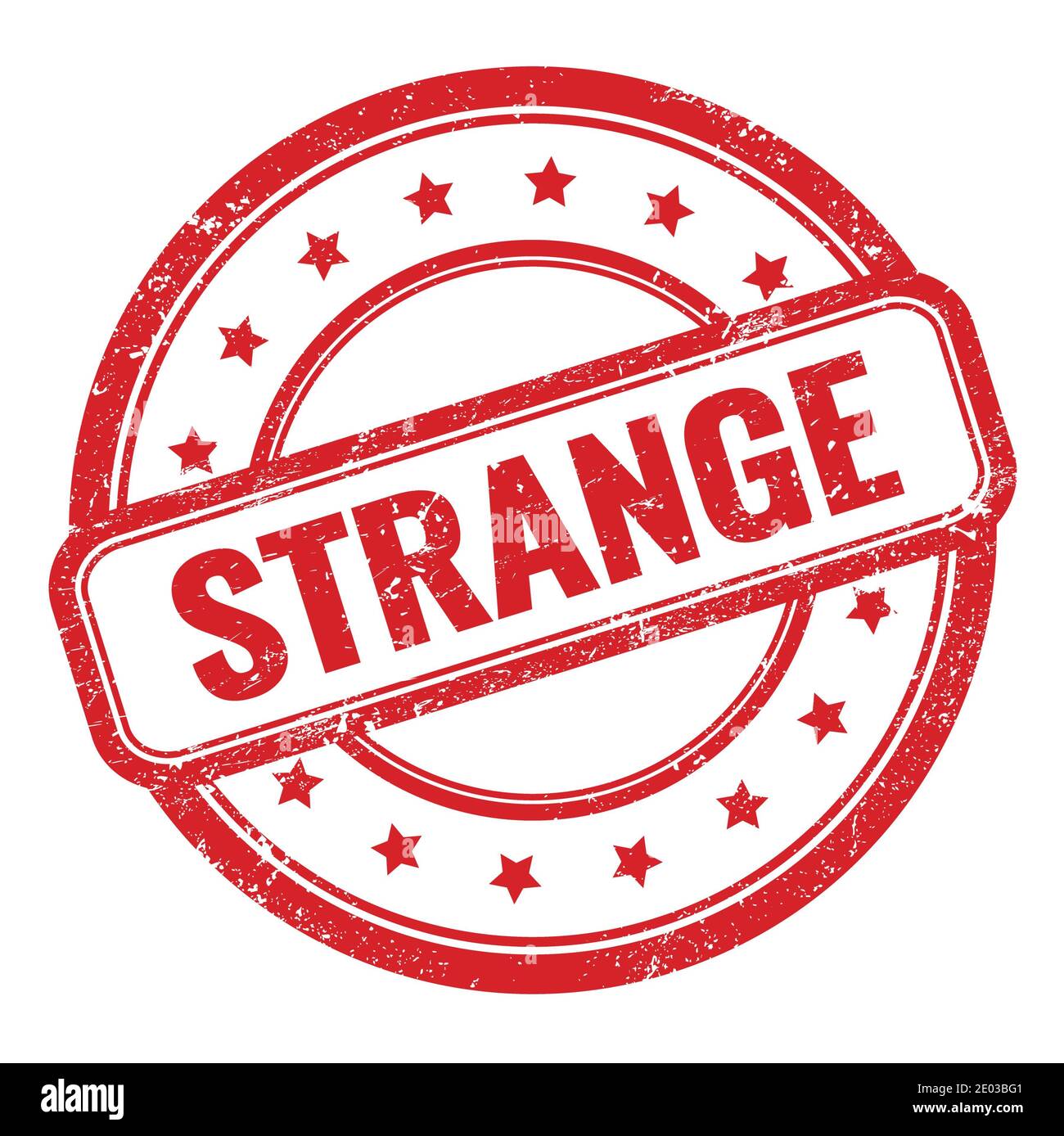 STRANGE text on red grungy vintage round rubber stamp Stock Photo - Alamy