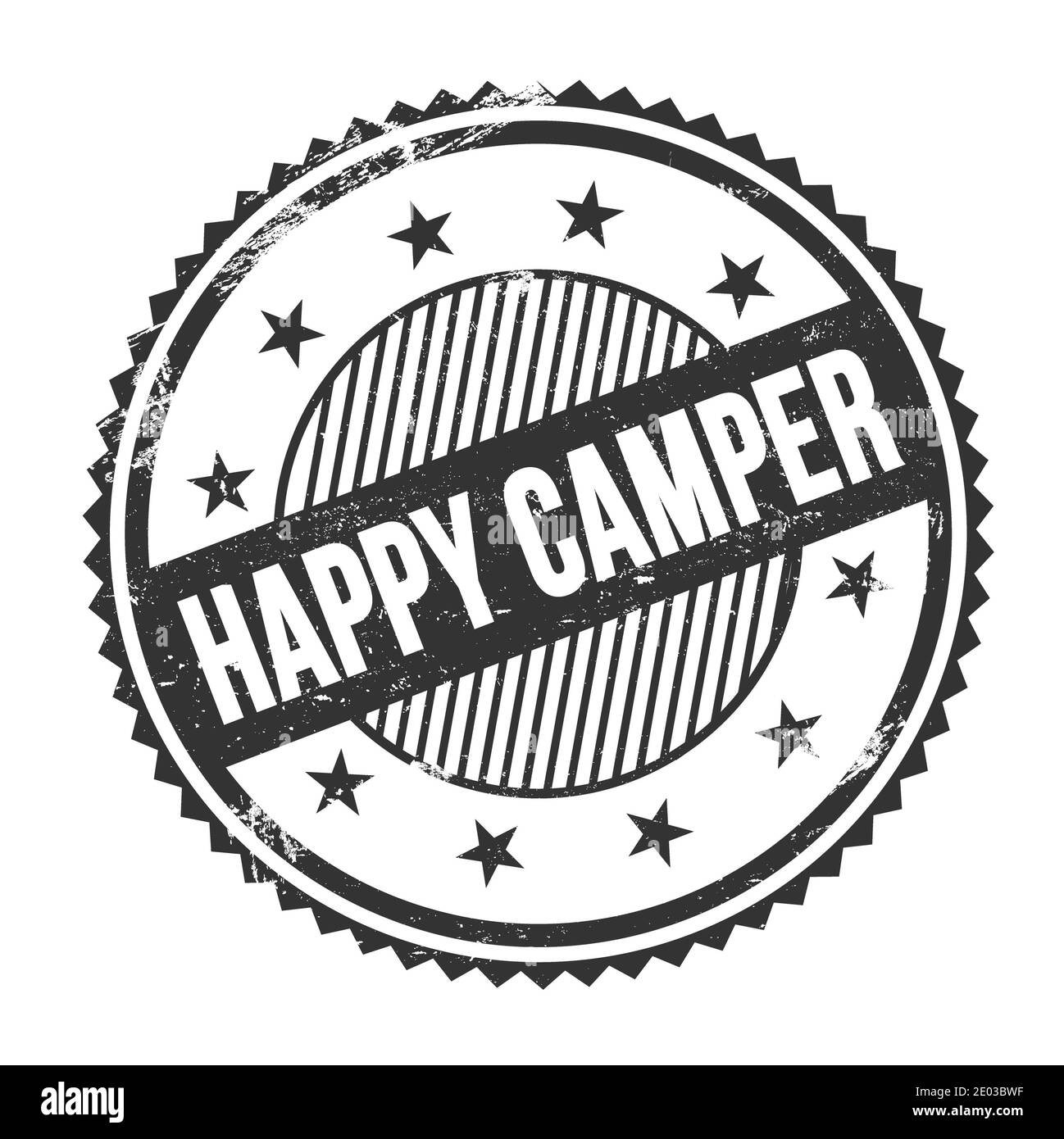 HAPPY CAMPER text written on black grungy zig zag borders round stamp ...