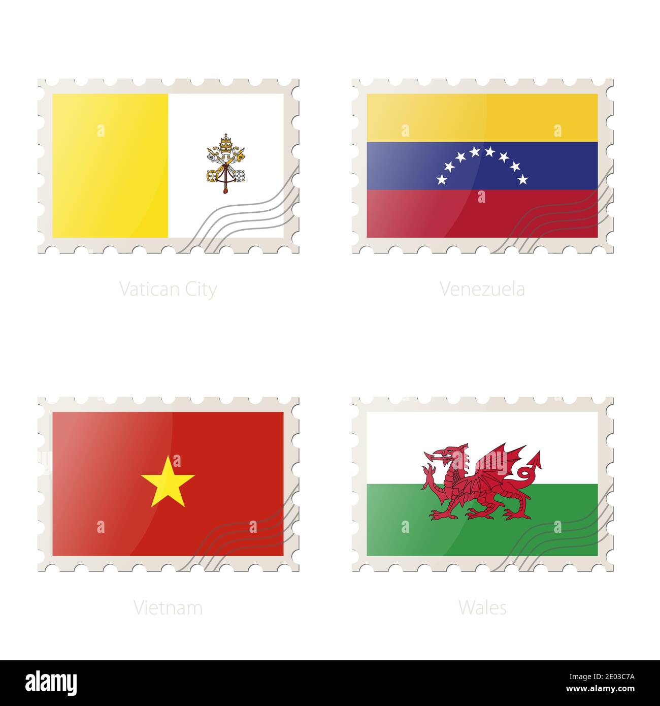 Postage stamp with the image of Vatican City, Venezuela, Vietnam, Wales flag. Vector ...