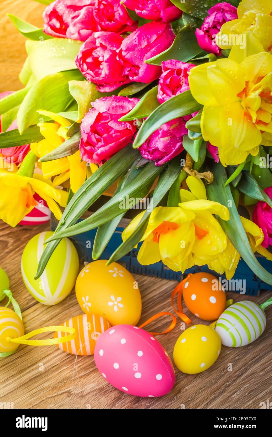spring flowers with easter eggs Stock Photo - Alamy