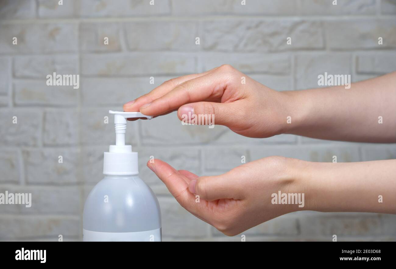Handwashing with alcohol Sanitizer, prevent virus and bacteria. Hygiene ...