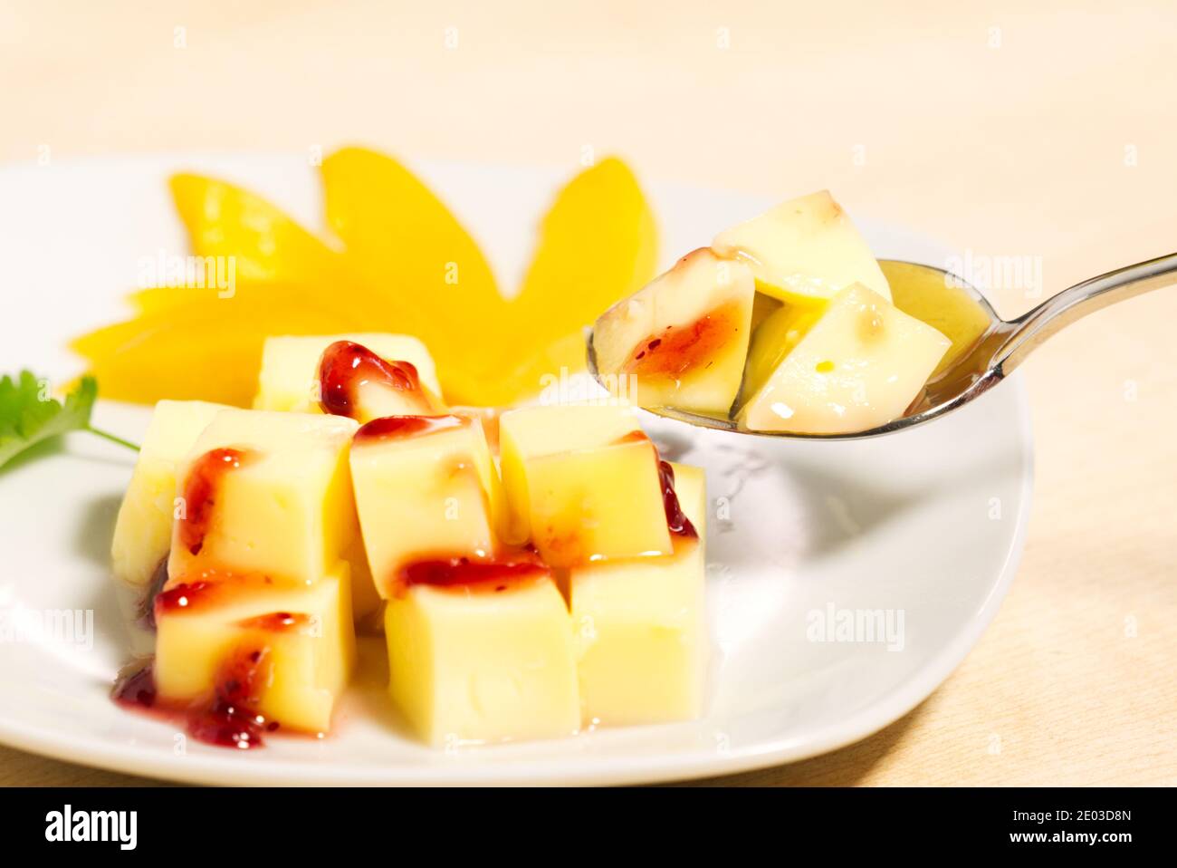 Cut mango pudding with milk, homemade dessert, fruit mango pudding ...