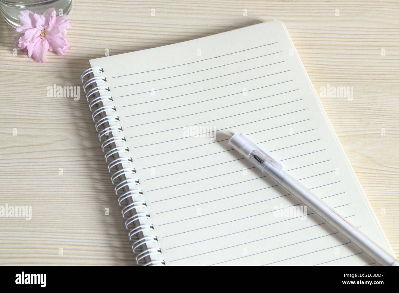 Pen and notebook on desk, place pencil on blank notebook for notes ...