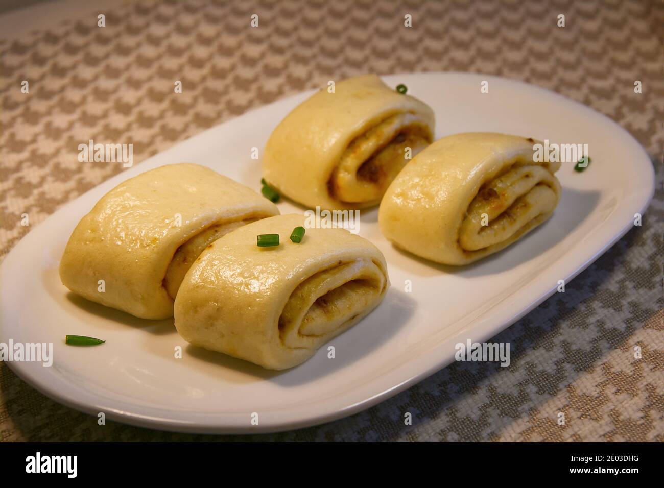 Closeup, steamed Chinese rolls mantou on white plate, homemade ...