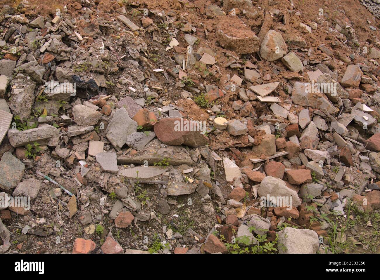 Broken tiles debris, stone and earth texture, scene after building ...