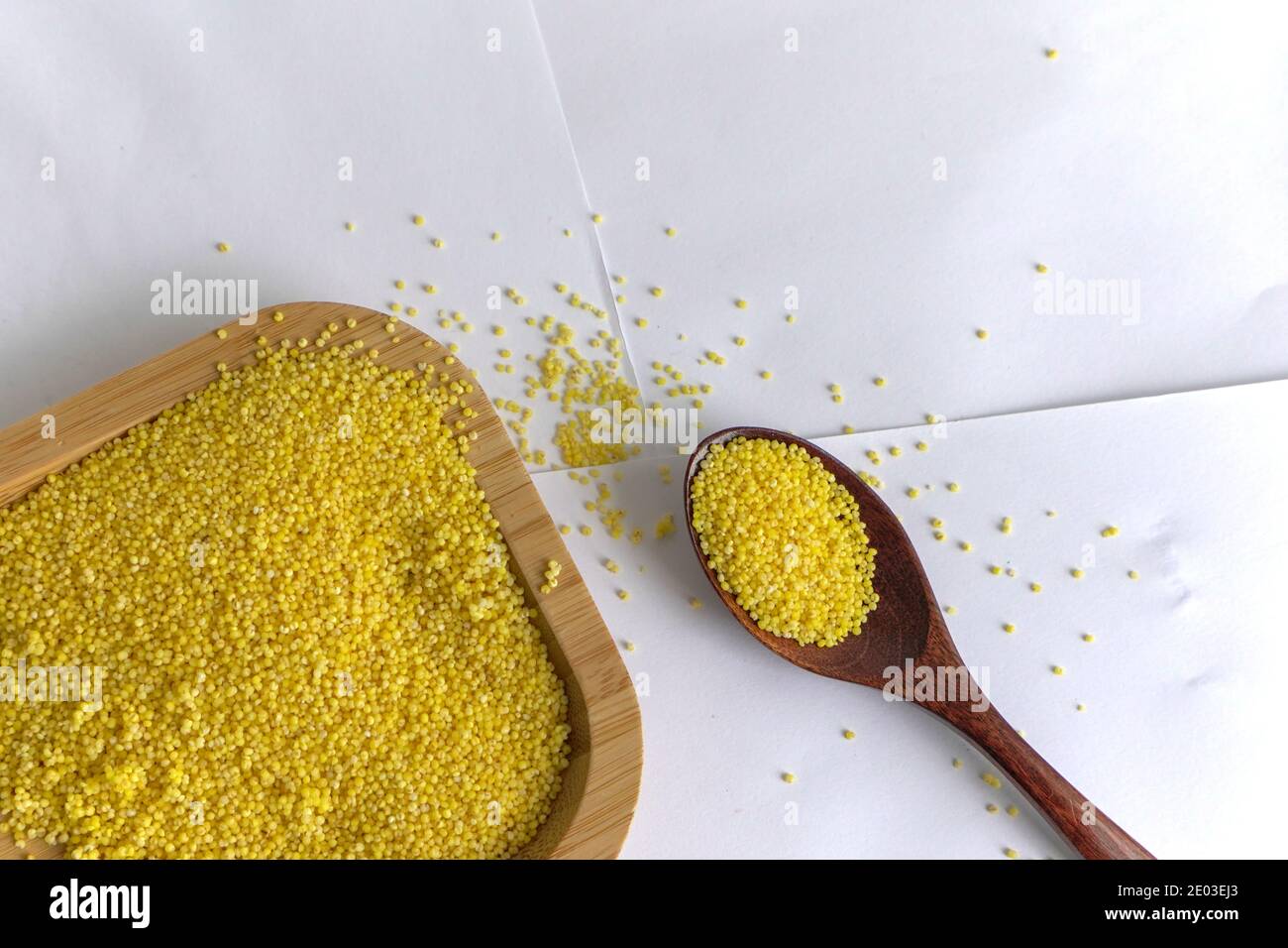 Millet in wooden box in kitchen, organic healthy grains, top view Stock ...