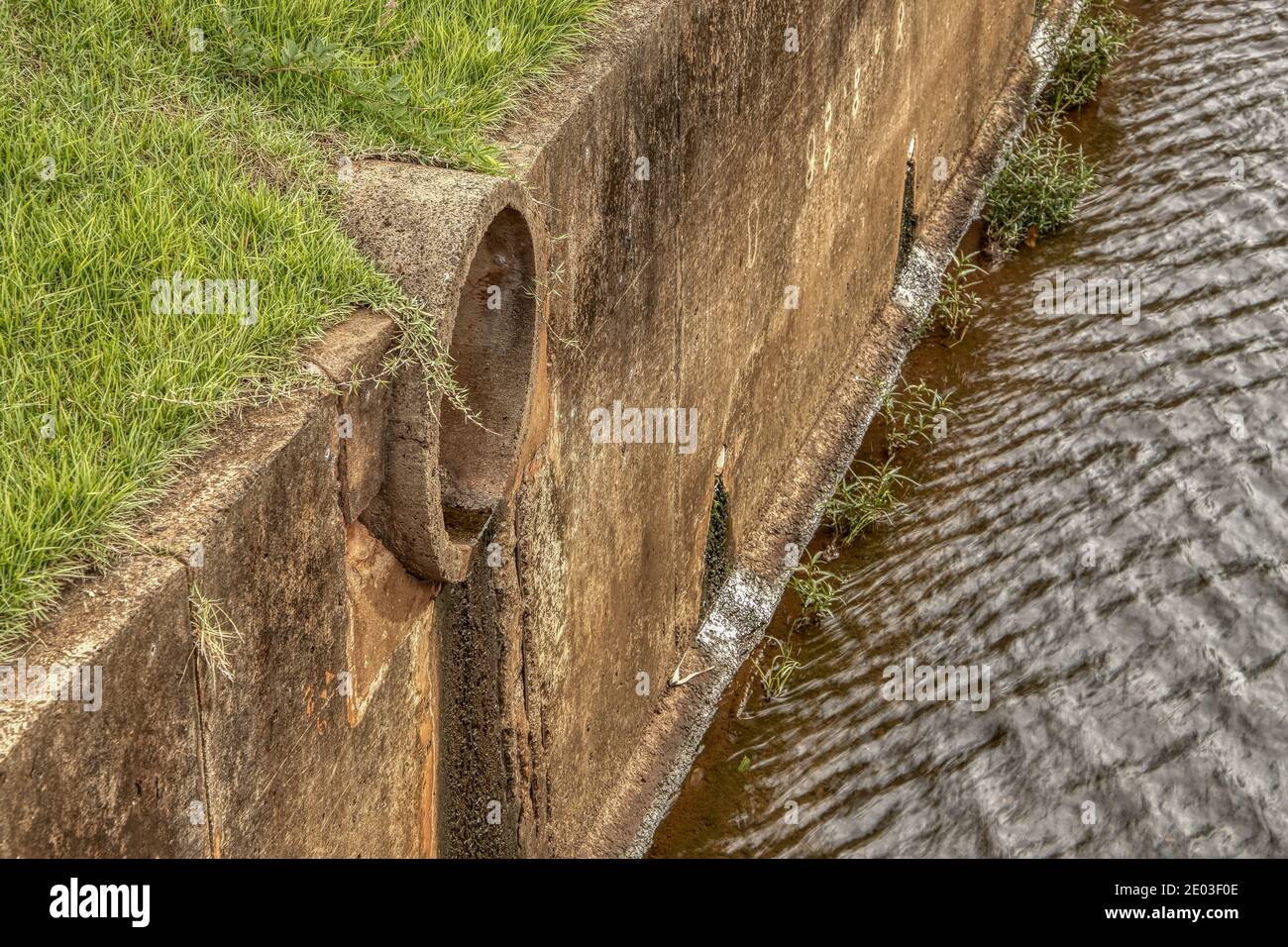 Exit of sewer pipe with liquid flow Stock Photo - Alamy