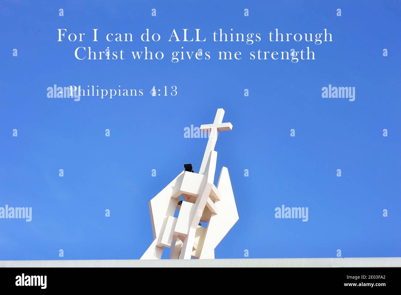 Inspirational verse from the bible on blue background with wooden white ...