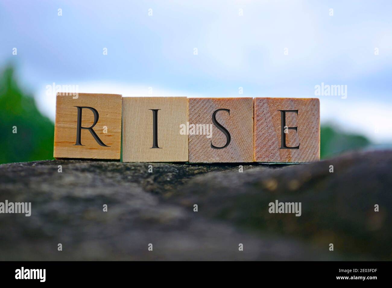 Rise text on wooden cube block on top of big stone with blurred green ...