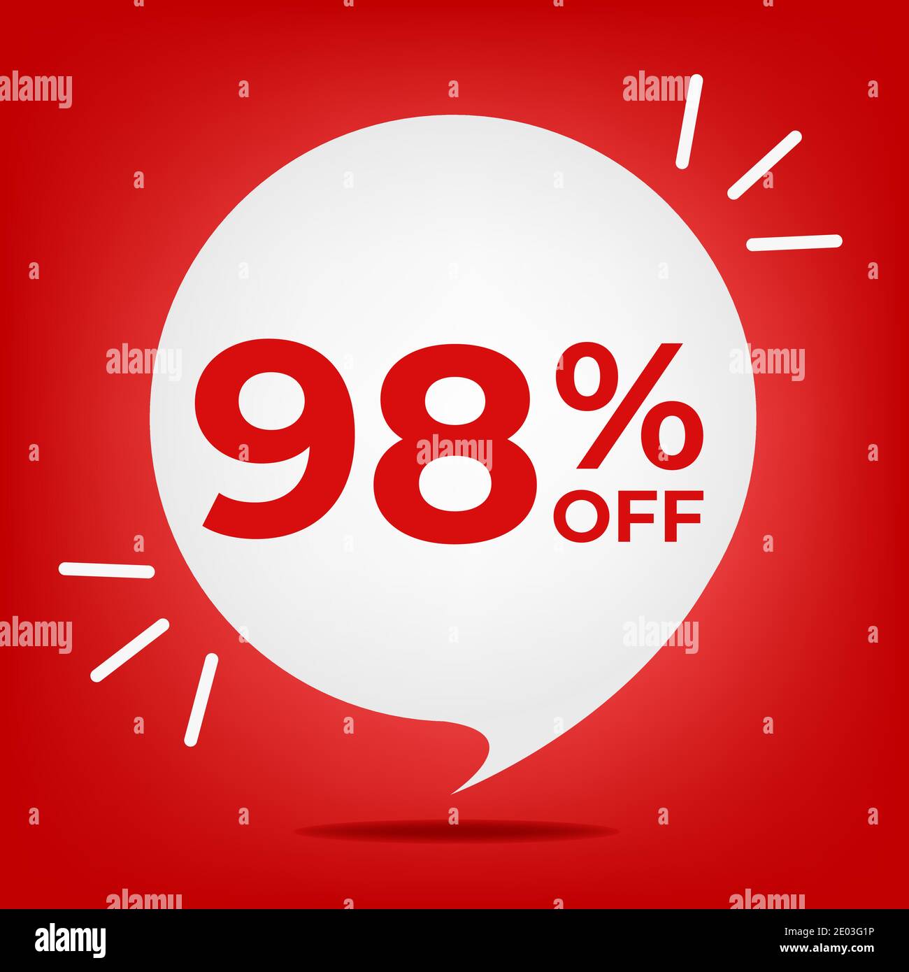 98 percent off. Banner with ninety-eight percent discount. White bubble ...