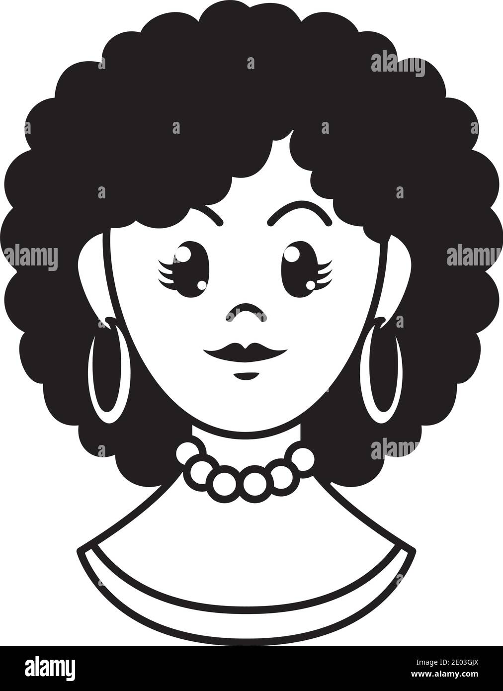 Cartoon Afro Woman With Round Earrings And Pearl Necklace Over White