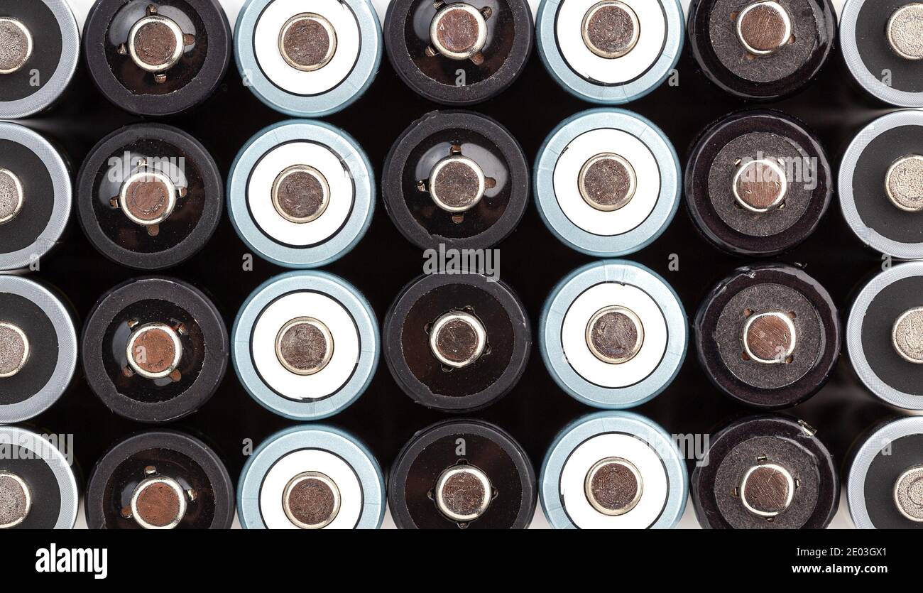 Batteries, top view, rows of rechargeable battery. Batteries, top view ...