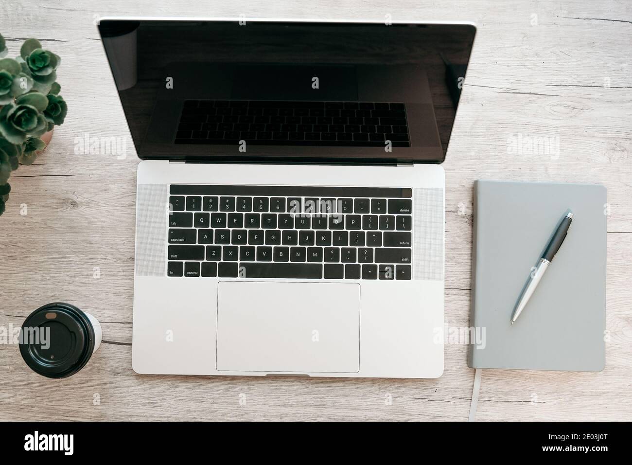 top view. open laptop on the table Stock Photo - Alamy