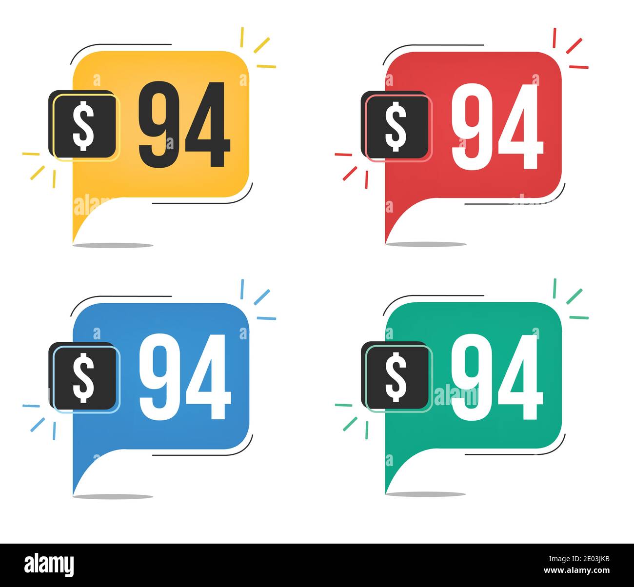 94 dollar price. Yellow, red, blue and green currency tags with speech ...