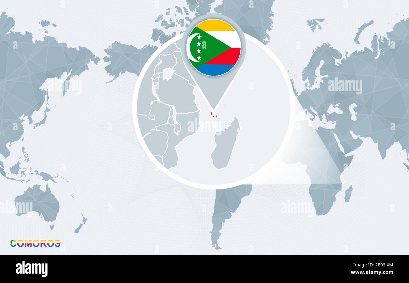 World map centered on America with magnified Comoros. Blue flag and map ...