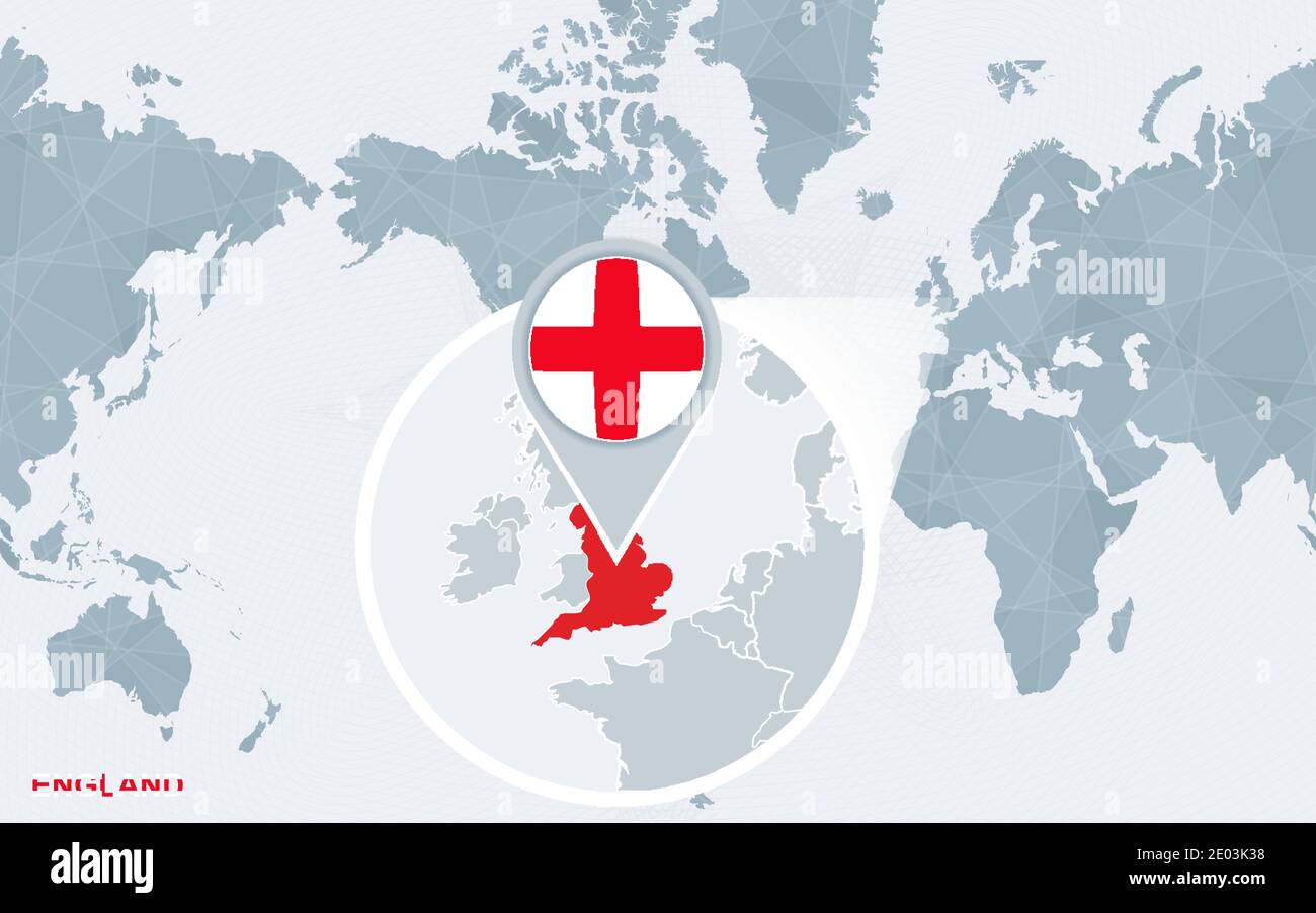 World map centered on America with magnified England. Blue flag and map ...