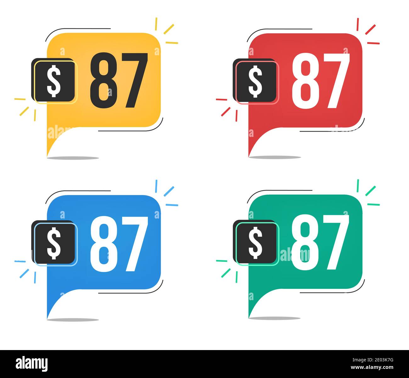 87 dollar price. Yellow, red, blue and green currency tags with speech ...