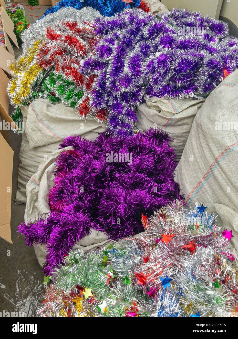 Boxes and Bags of Tinsel Christmas Decoration Stock Photo - Alamy