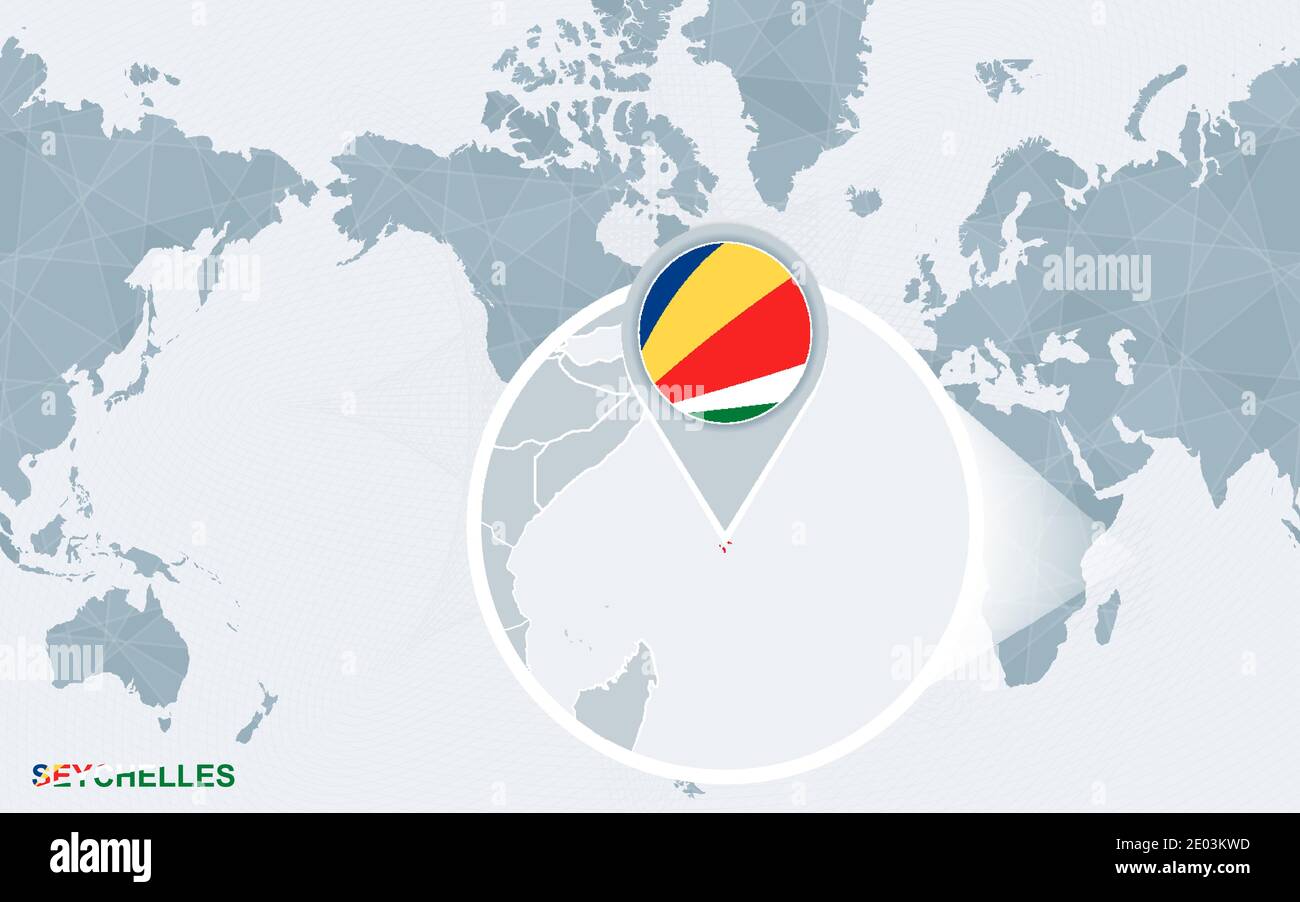 World map centered on America with magnified Seychelles. Blue flag and map of Seychelles ...