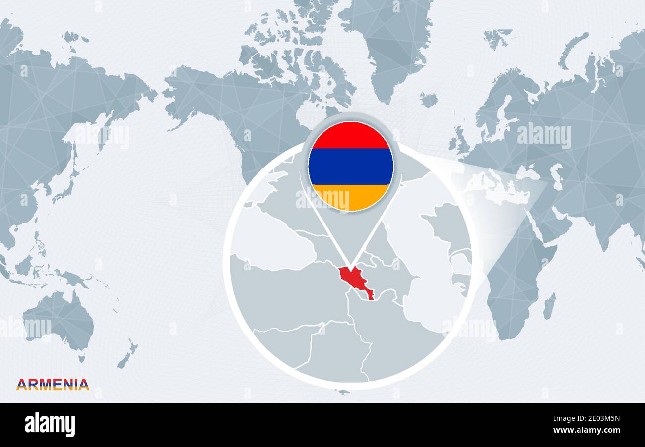 World map centered on America with magnified Armenia. Blue flag and map ...
