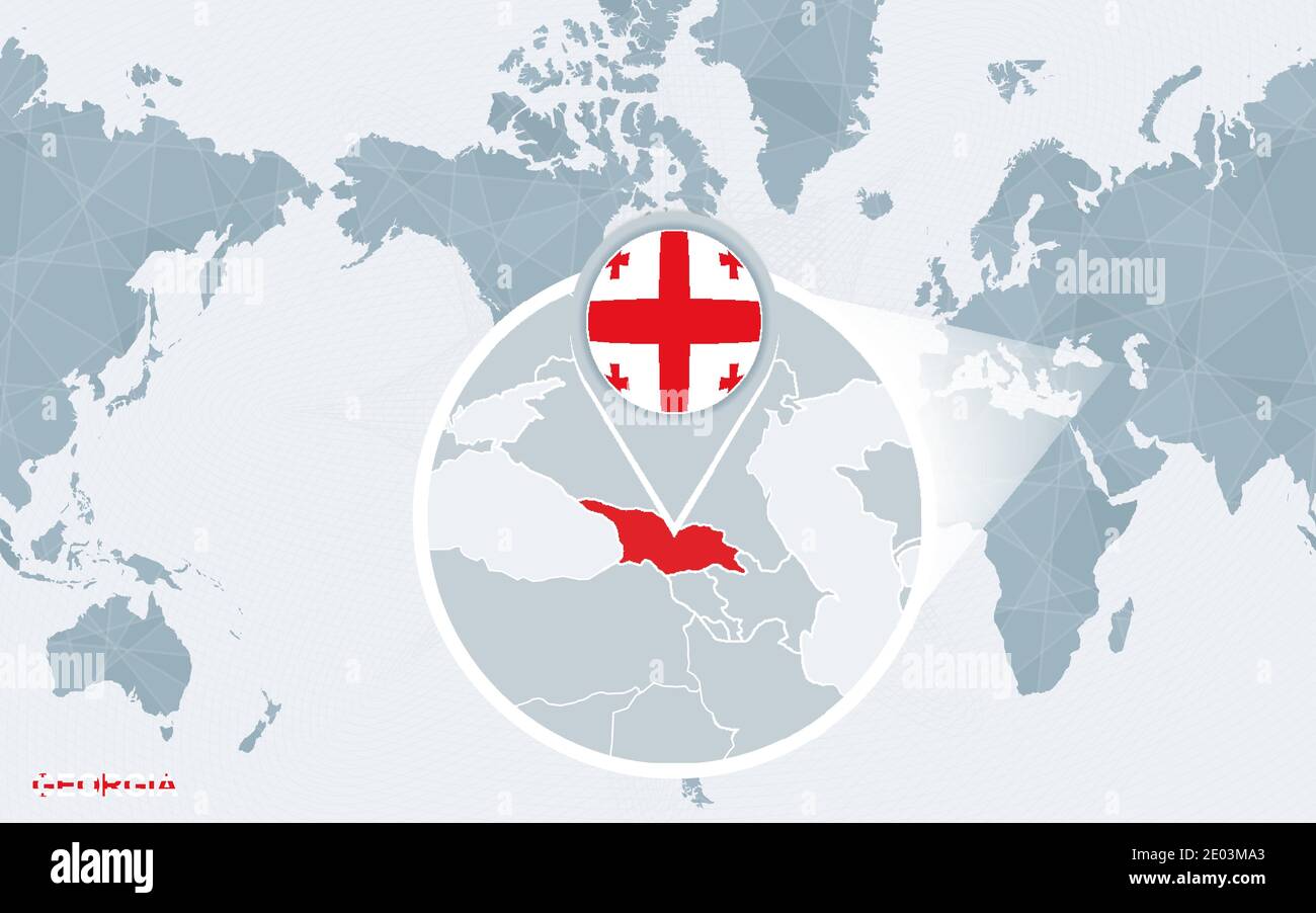 World map centered on America with magnified Georgia. Blue flag and map ...