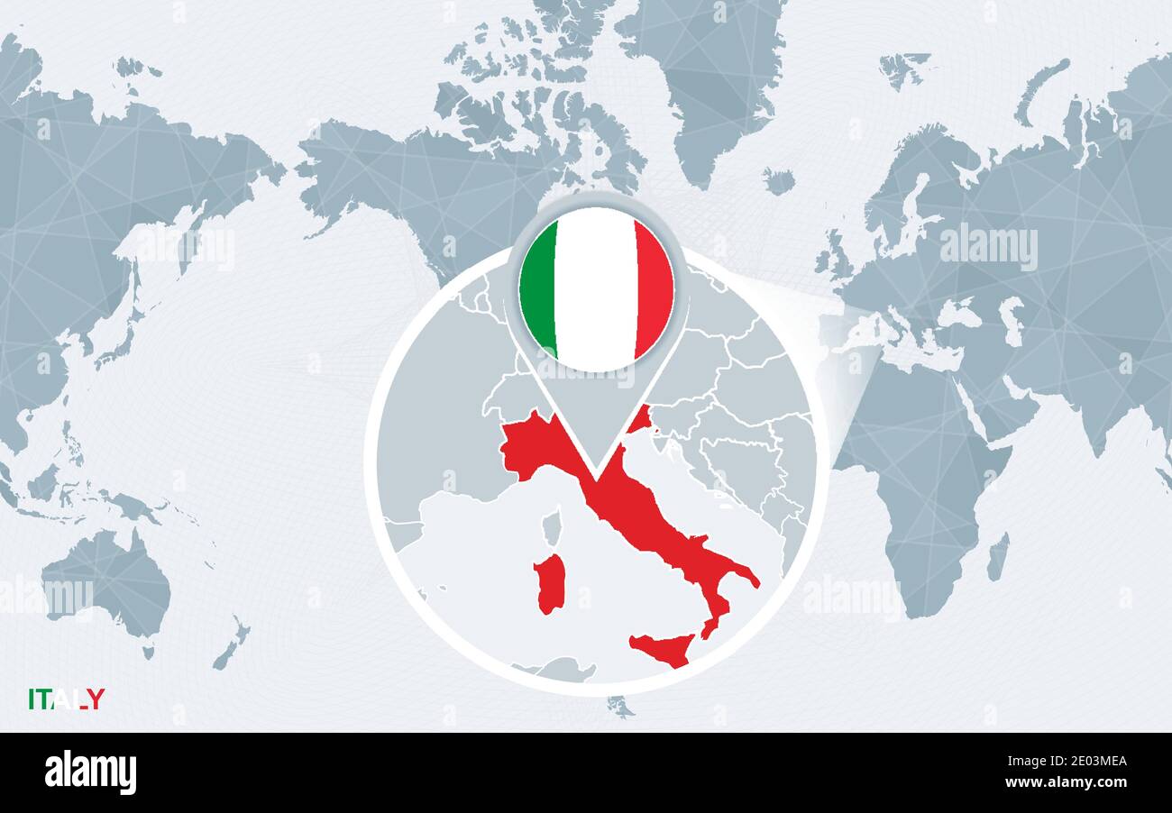 World map centered on America with magnified Italy. Blue flag and map ...