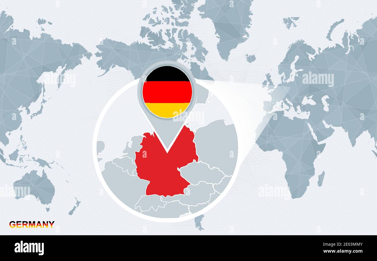 World map centered on America with magnified Germany. Blue flag and map ...