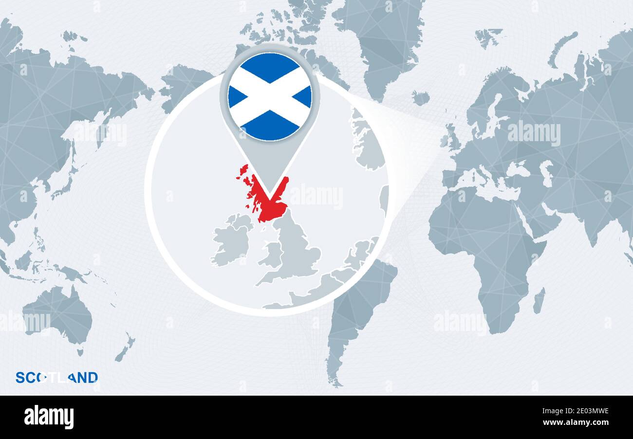 World map centered on America with magnified Scotland. Blue flag and ...