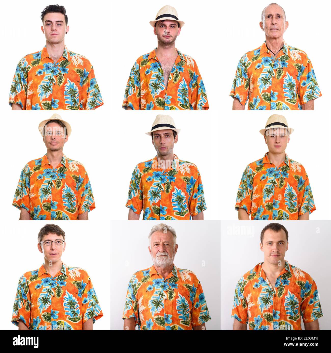 Group of tourist men collage shot against white background Stock Photo ...