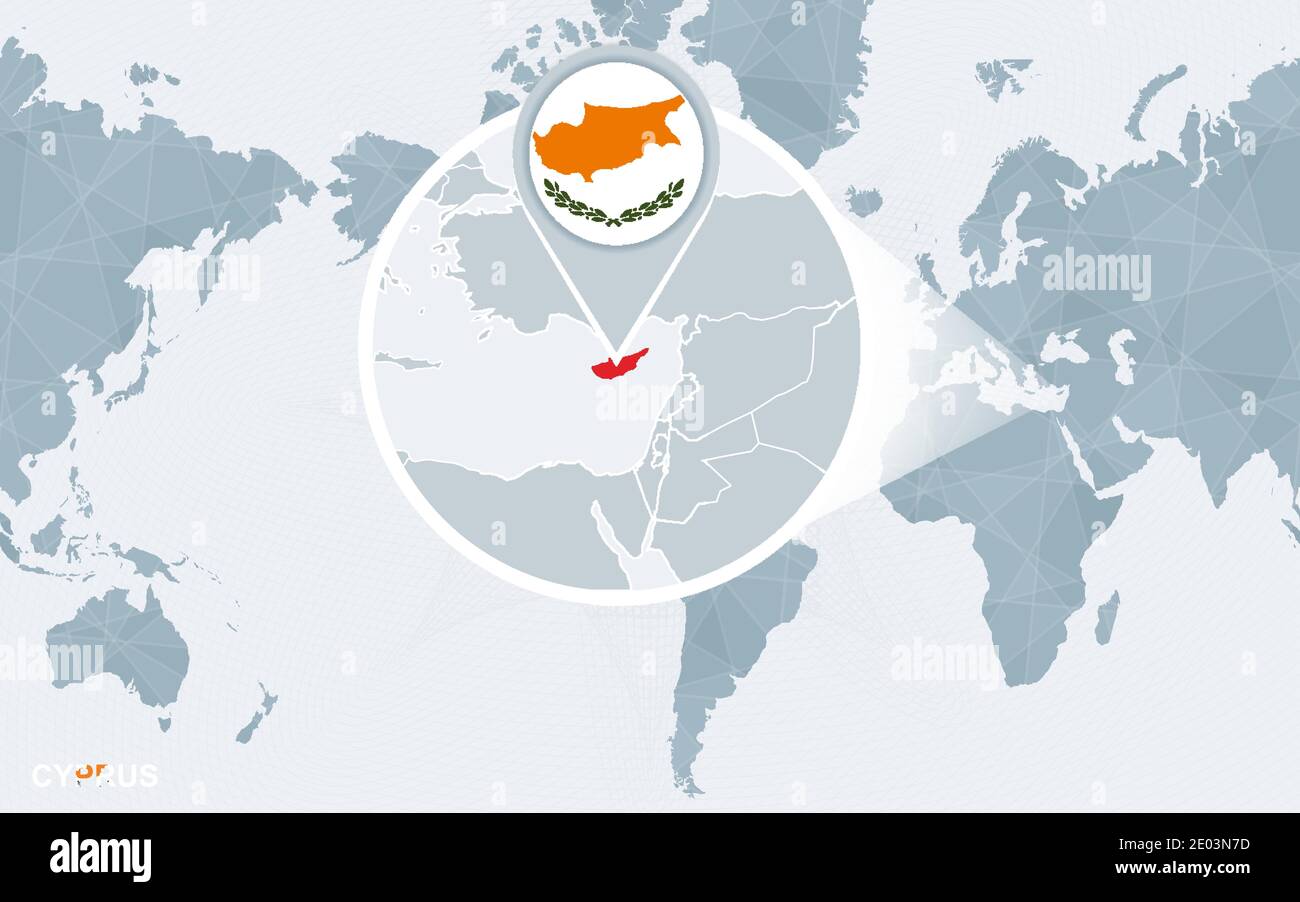 World map centered on America with magnified Cyprus. Blue flag and map ...