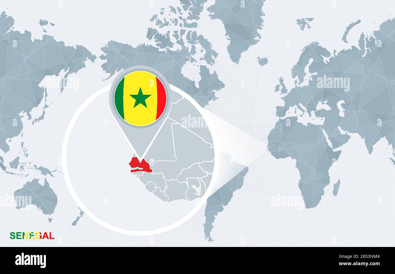 World map centered on America with magnified Senegal. Blue flag and map of Senegal. Abstract ...