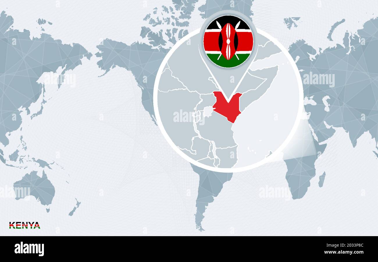 World map centered on America with magnified Kenya. Blue flag and map ...