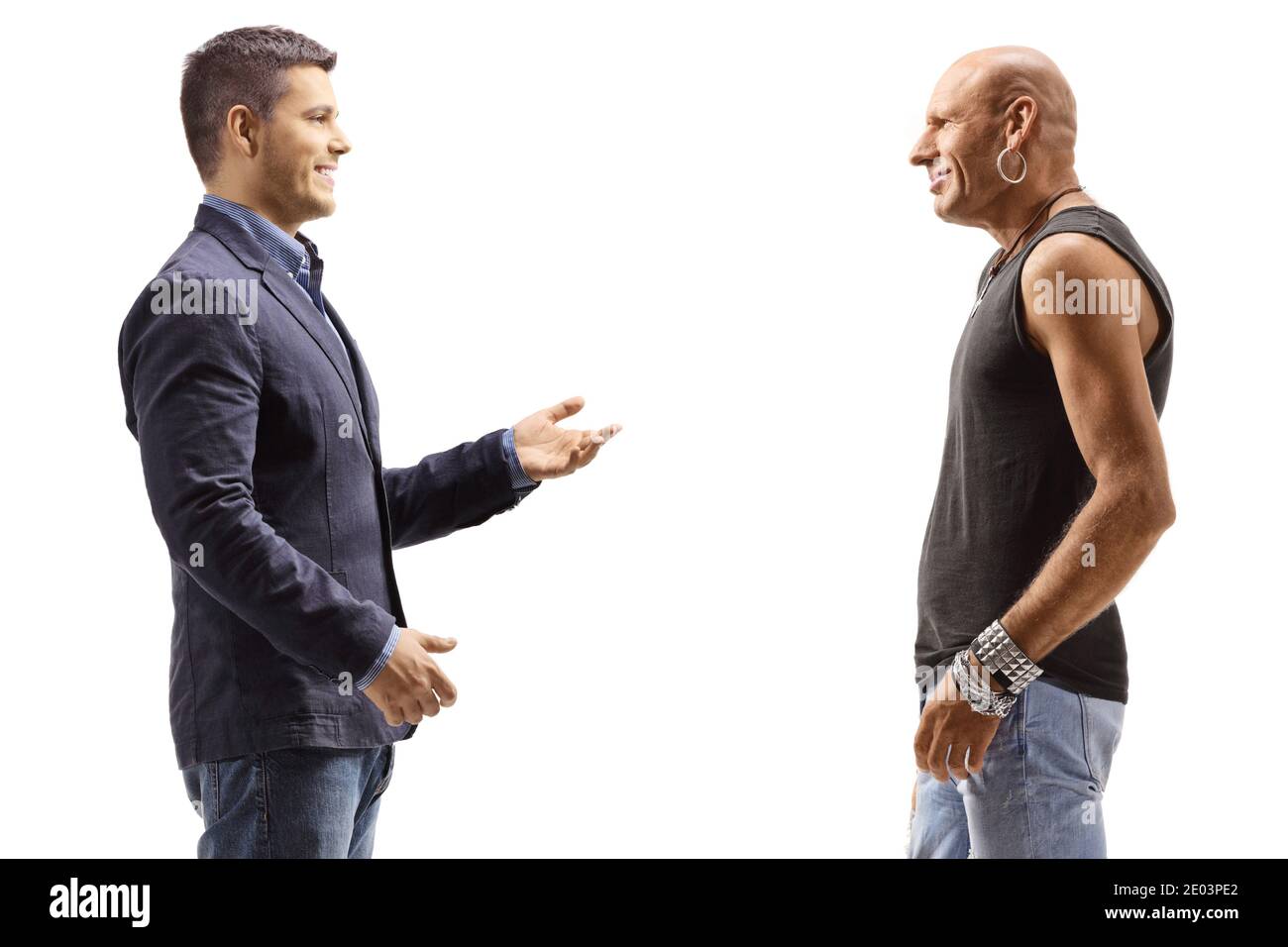 Two men with different stayles talking isolated on white background ...