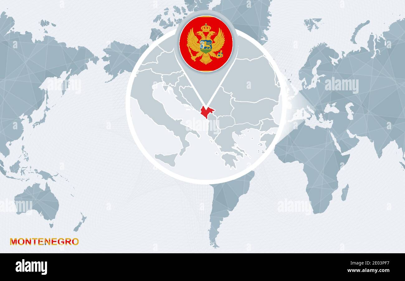 World map centered on America with magnified Montenegro. Blue flag and map of Montenegro ...