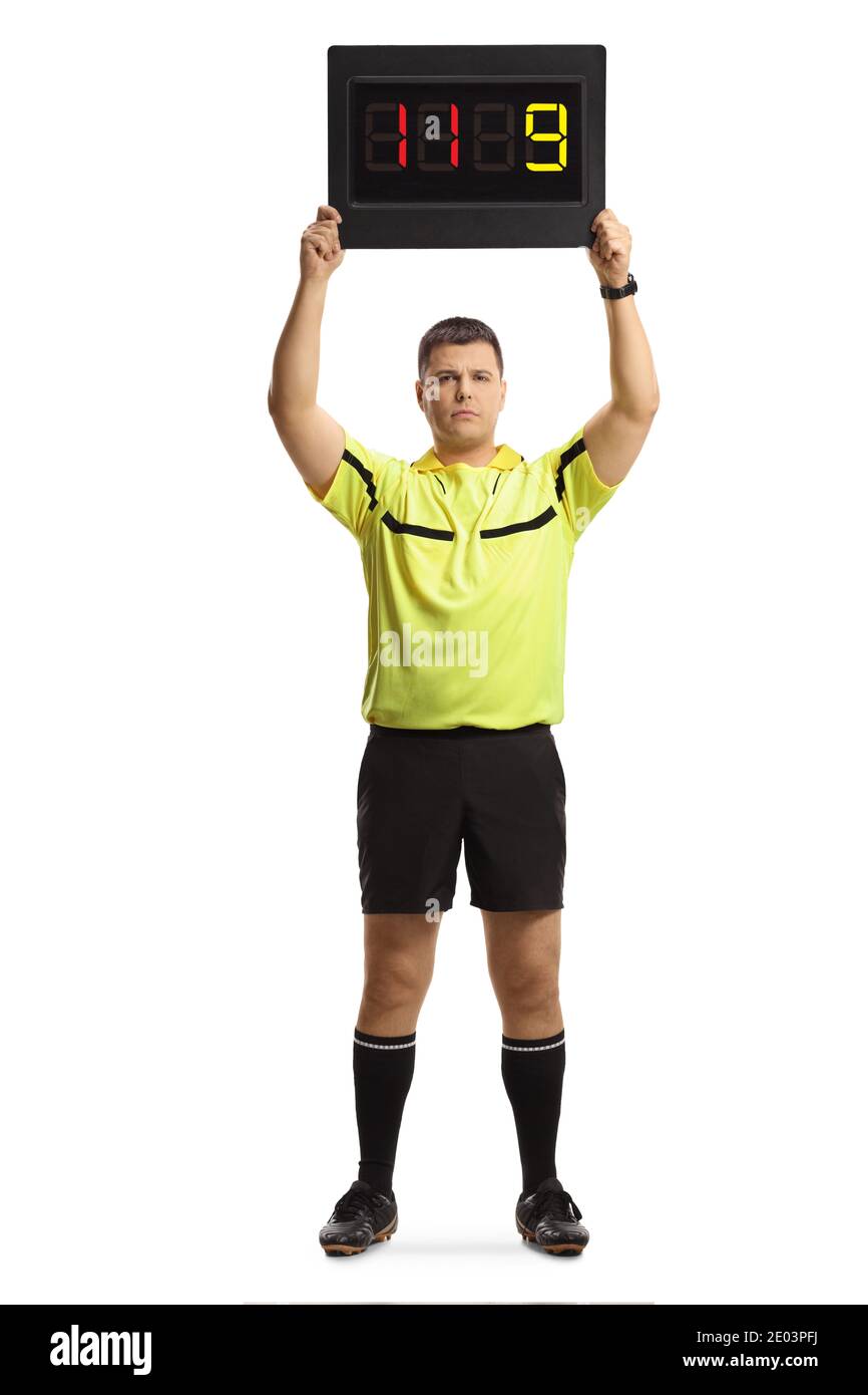 Full length portrait of football referee holding a substitute board ...