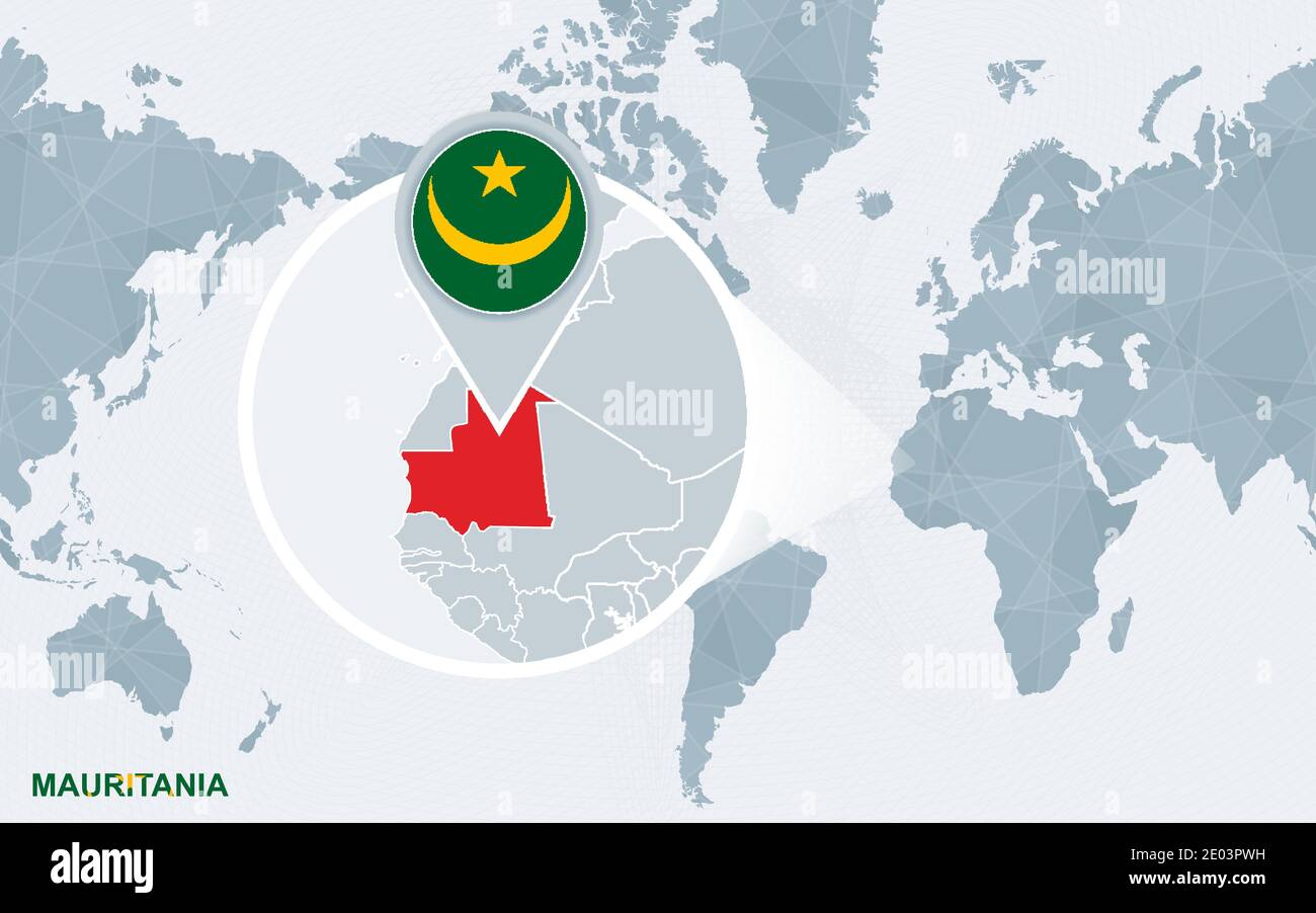 World map centered on America with magnified Mauritania. Blue flag and ...
