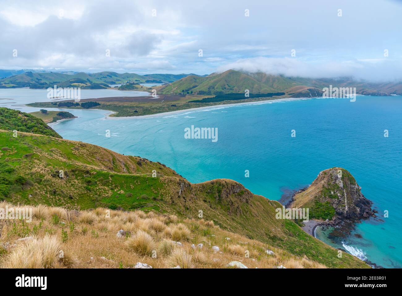 Aerial view of Hoopers inlet at Otago peninsula in New Zealand Stock ...