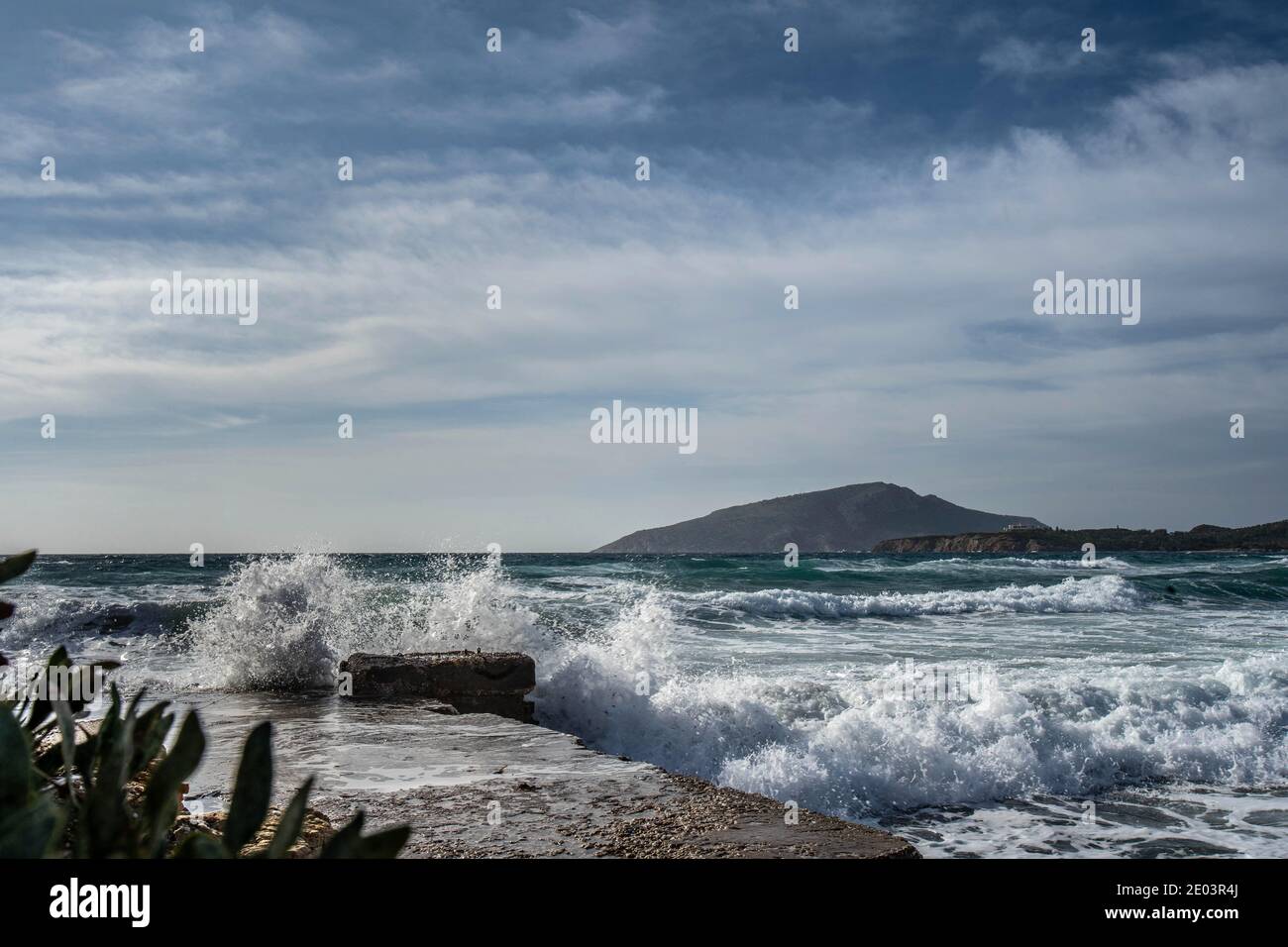 Breaking waves at Legrena beach on a windy southerly wind,Greece Stock ...