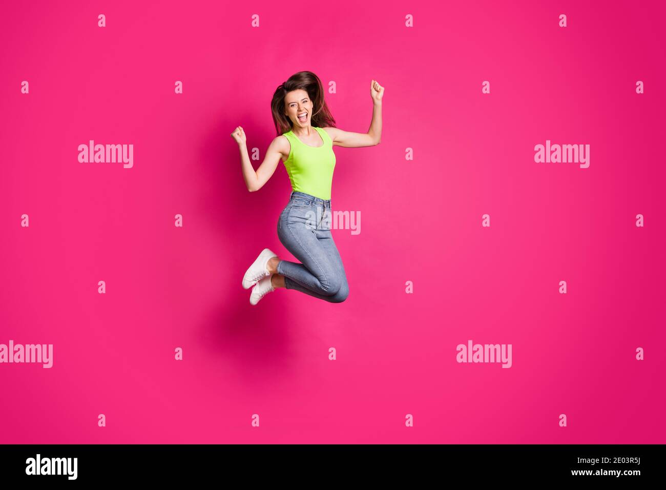 Full body photo of excited happy young girl celebrate win victory shout ...