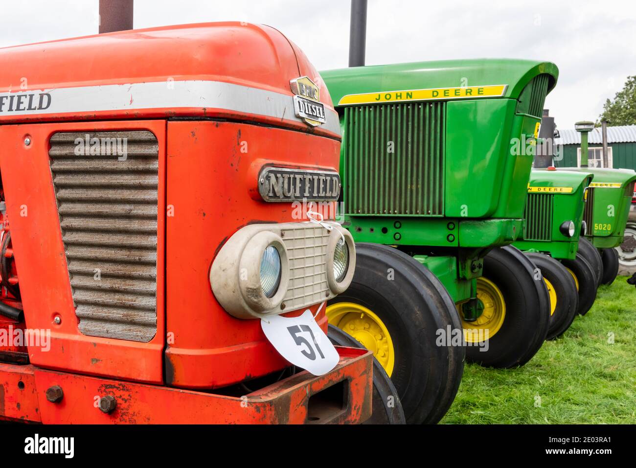 Antique Nuffield and John Deere tractors at a vintage tractor rally in ...