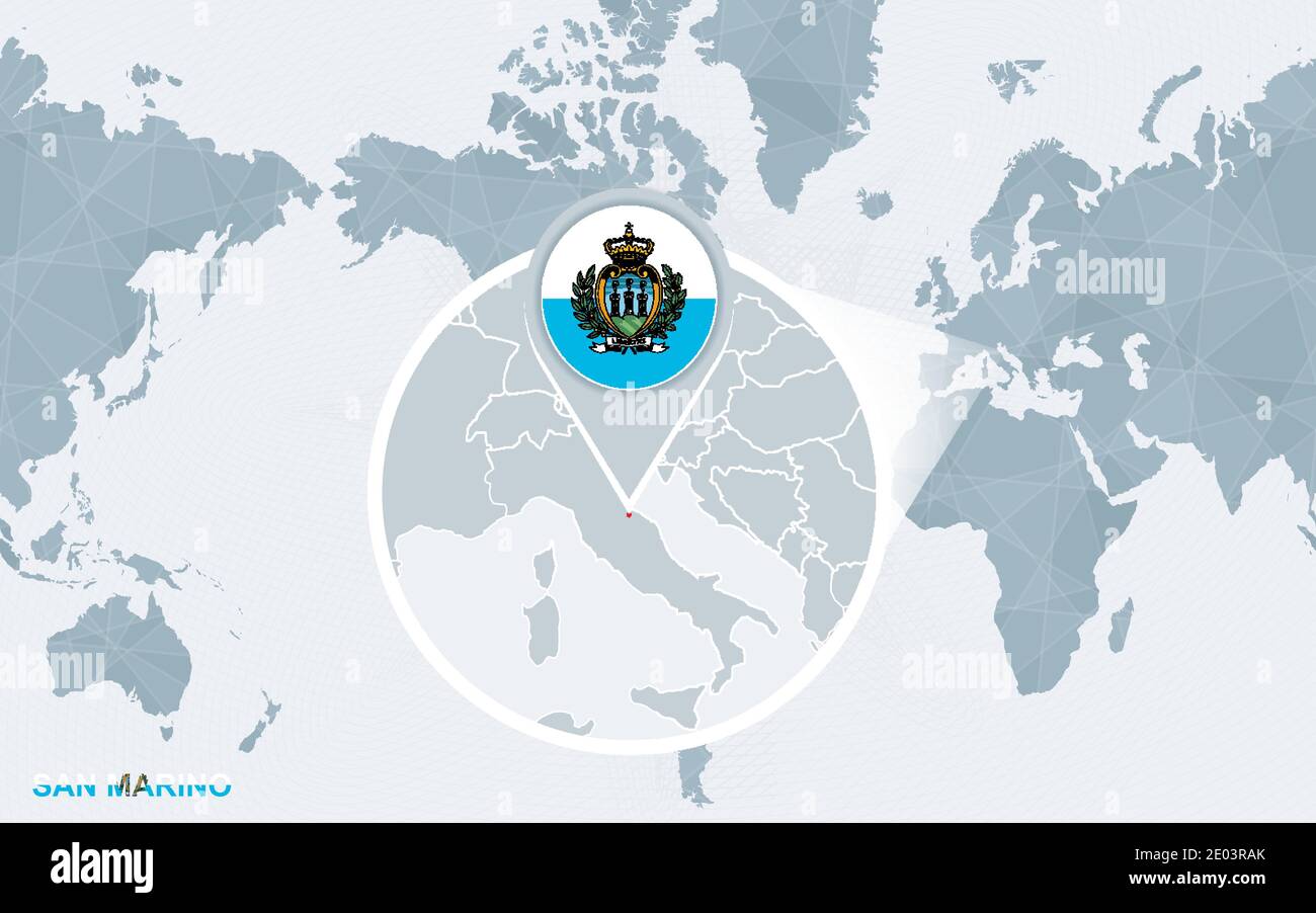 World map centered on America with magnified San Marino. Blue flag and ...